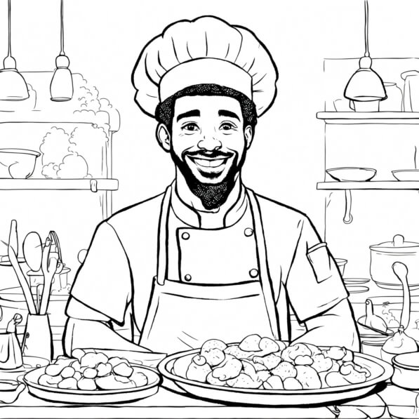 Download Smiling Chef with Plates of Food Coloring pages Online ...