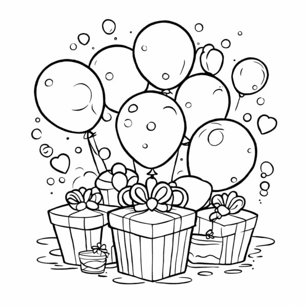 Download Birthday Coloring Page with Balloons and Gifts Coloring pages ...