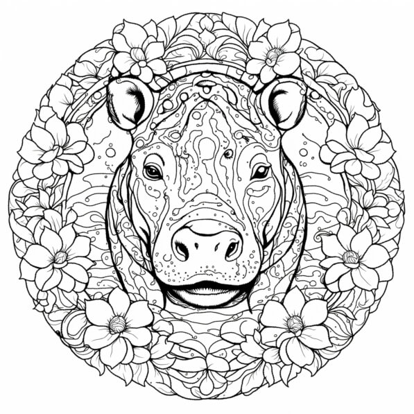 Download Adult Coloring Page with Hippo Head and Flowers Coloring pages ...