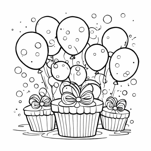 Download Birthday Cupcake with Balloons and Bubbles Coloring Page ...