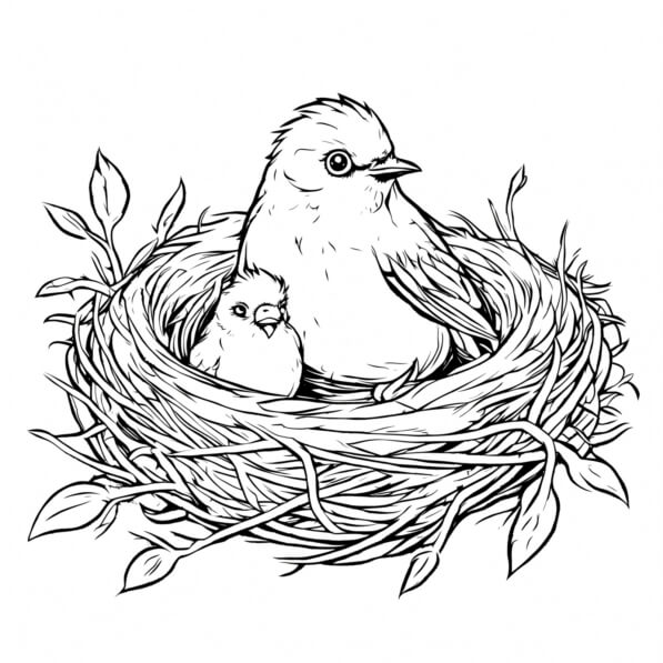 Download Black-and-White Drawing of Birds in a Nest Coloring pages ...