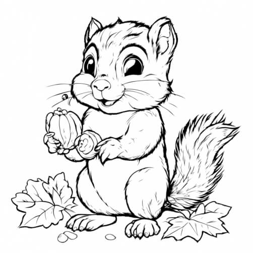 Download Cute Squirrel Coloring Page with Apple and Autumn Leaves ...