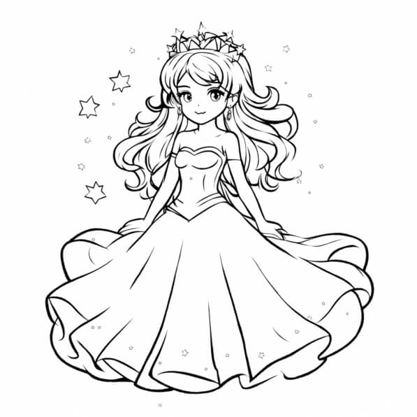 Download Princess Coloring Page with Girl in Princess Dress and Stars ...