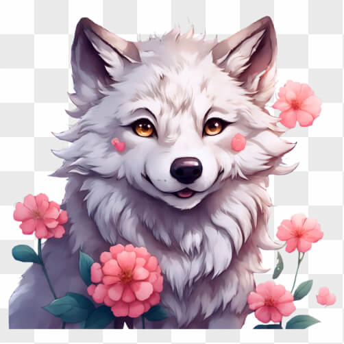 Download Adorable Kawaii Wolf Wall Art with Pink Flowers Kawaii Online ...