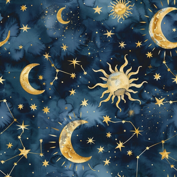 Download Golden Celestial Pattern with Sun, Moon, Stars, and Zodiac ...