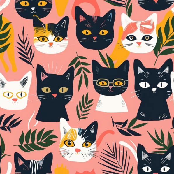 Download Seamless Black Cat Pattern with Glasses and Green Leaves ...