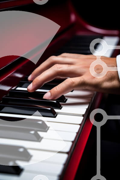 Artistic Image of Person Playing Piano Keys on Red Grand Piano stock ...