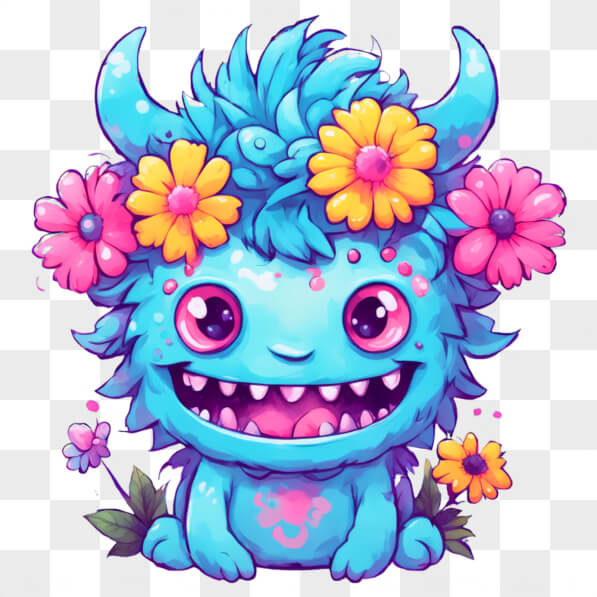 Download Kawaii Blue Monster Illustration with Flowers Kawaii Online ...