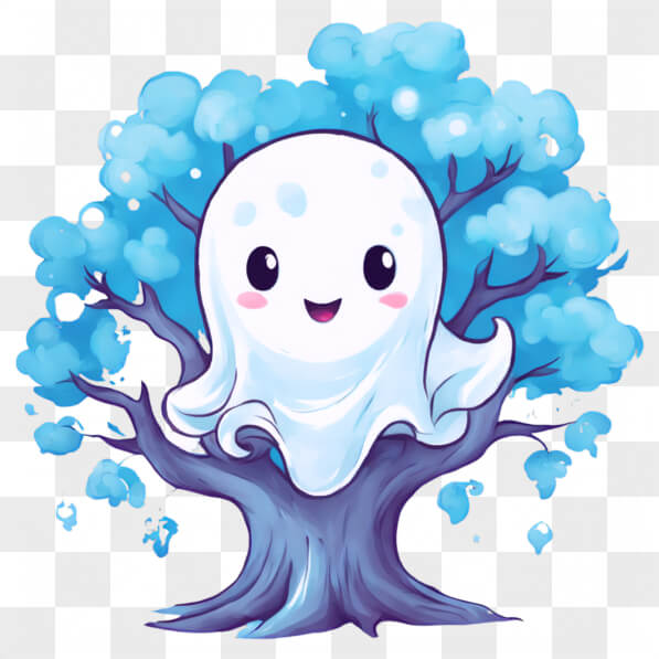 Download Kawaii White Ghost in Tree with Blue and White Snowflakes ...
