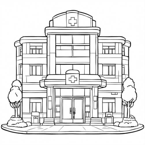 Download Outline Drawing of Hospital Building with Trees and Bushes ...