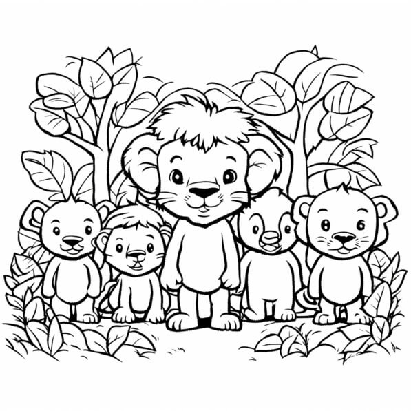 Download Cartoon Lion and Friends in the Forest Coloring Page Coloring ...