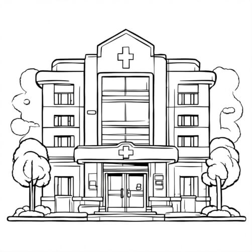 Download Outline Drawing of Hospital Building with Trees and Bushes ...