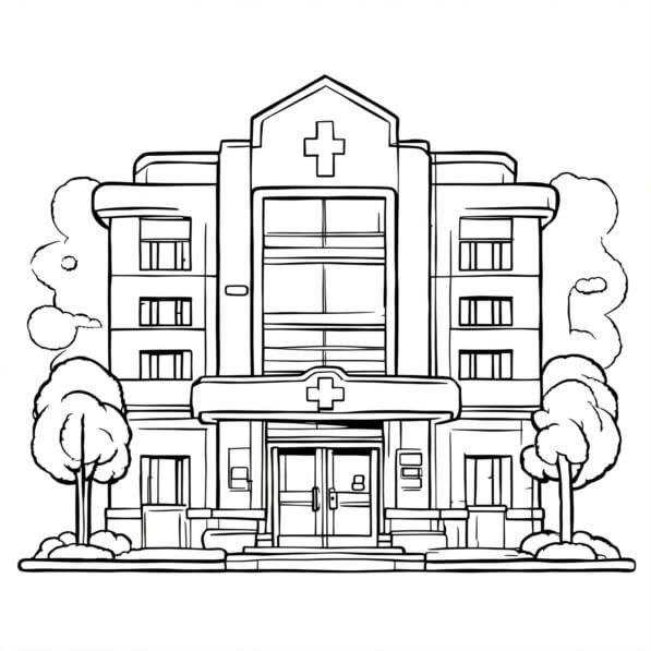 Download Hospital Building Outline with Trees and Bushes Coloring pages ...