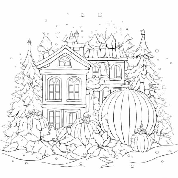 Download Winter Coloring Page with House, Trees, and Pumpkins in Snow ...