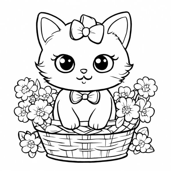 Download Cat Coloring Page with Flowers and Bows Coloring pages Online ...