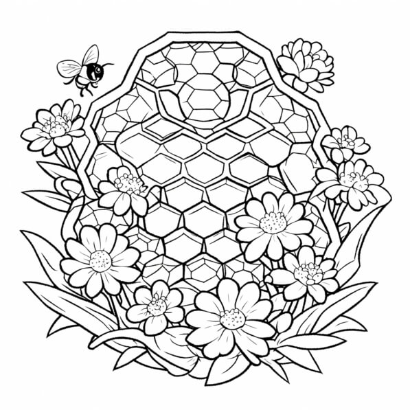 Download Coloring Page: Honeycomb with Flowers and Bees Coloring pages ...