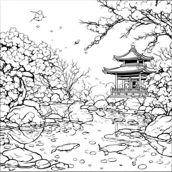 Download Japanese Pagoda Coloring Page with Trees Coloring pages Online ...