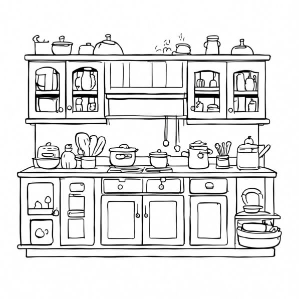 Download Kitchen Counter with Pots and Pans Coloring pages Online ...
