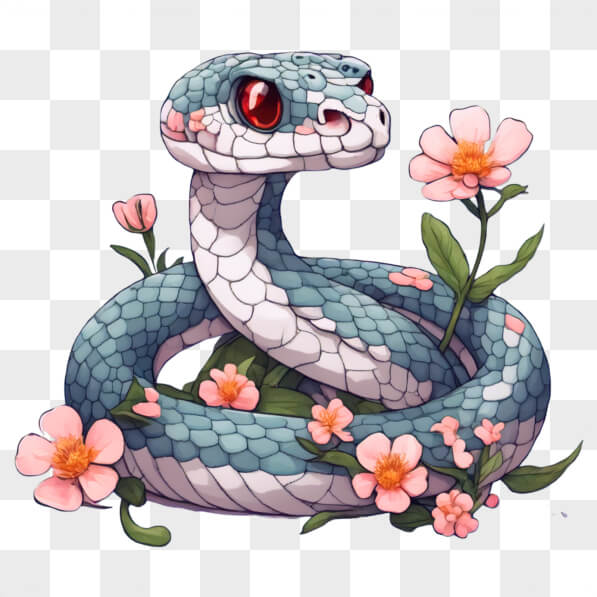 Download Kawaii Blue and White Snake in Grass with Flowers Cartoons ...
