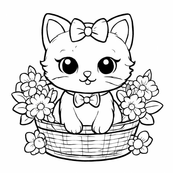 Download Cute Cat in a Basket with Flowers and Bows Coloring pages ...