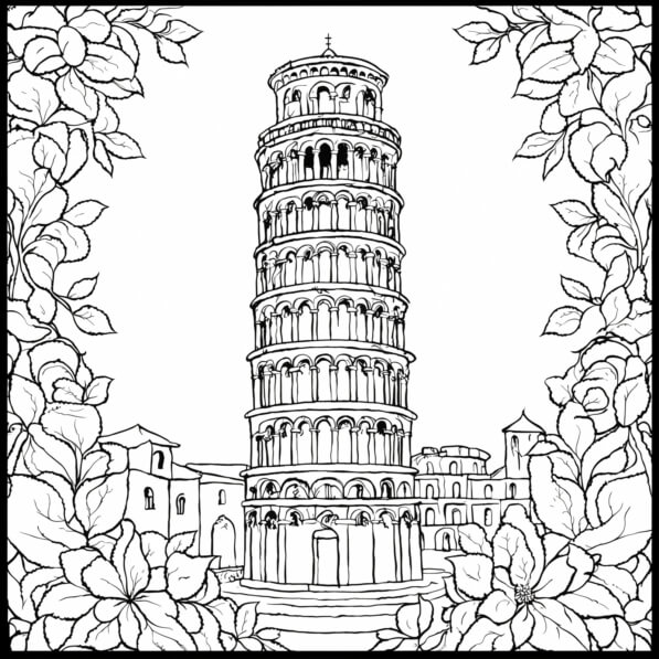 Download Leaning Tower of Pisa with Floral Surroundings Coloring pages ...