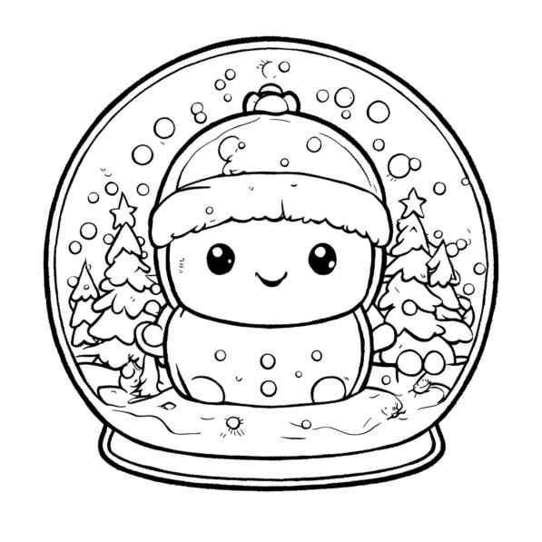 Download Snow Globe Coloring Page with Kawaii Characters Coloring pages ...