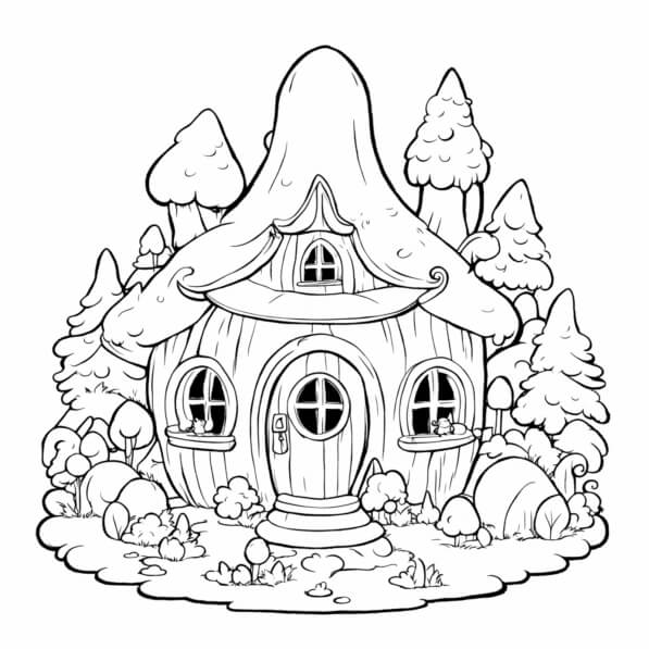Download Fairy House Coloring Page in the Forest with Trees and ...