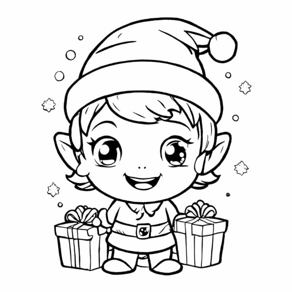 Download Cute Little Elf Christmas Coloring Page with Presents Coloring ...