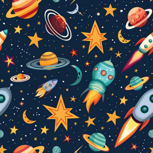 Download Colorful Space Pattern with Rockets, Stars, and Planets ...