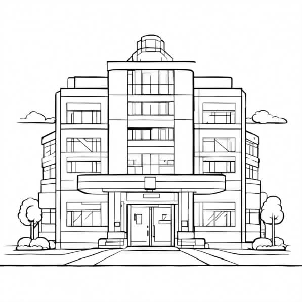 Download Black and White Office Building Drawing with Trees Coloring ...