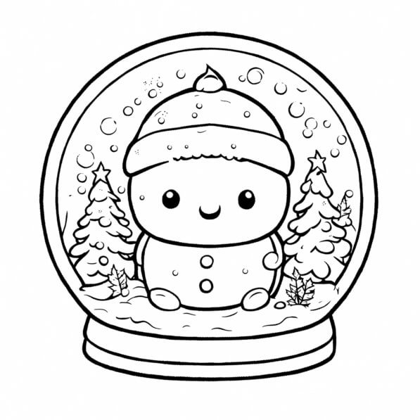 Download Kawaii Snow Globe Coloring Page with Snowman and Trees ...