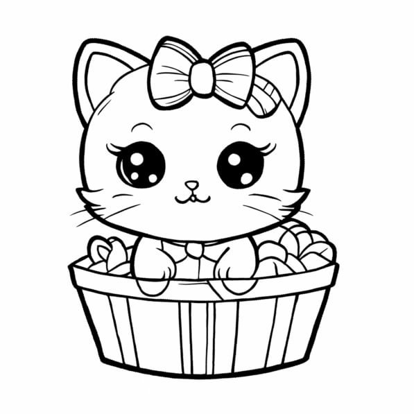 Download Cute Cat in a Basket with Bows - Easter Coloring Page Coloring ...