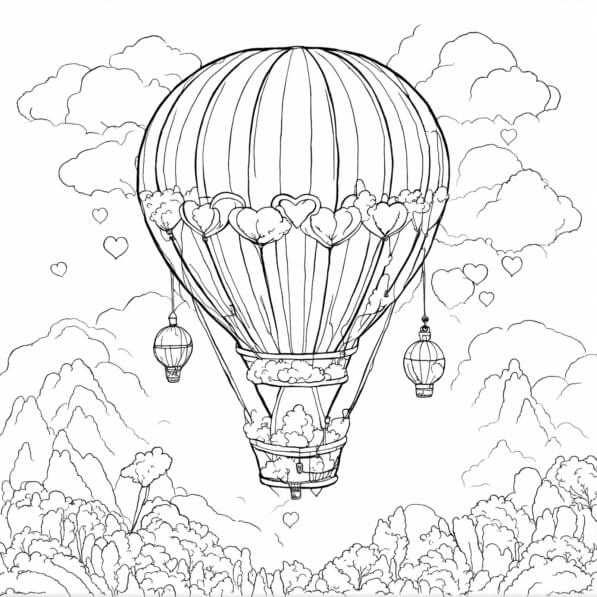 Download Hot Air Balloon Coloring Page with Hearts and Flowers Coloring ...