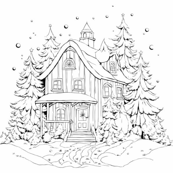 Download Winter House in Snow with Trees Coloring pages Online ...