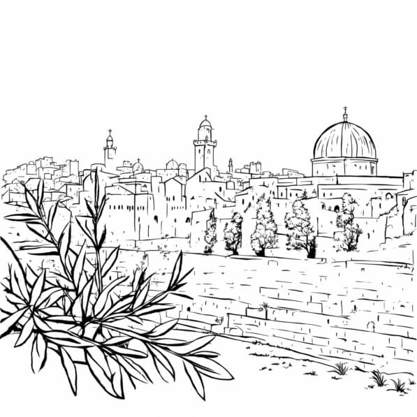 Download City of Jerusalem Drawing with Trees and Buildings Coloring ...