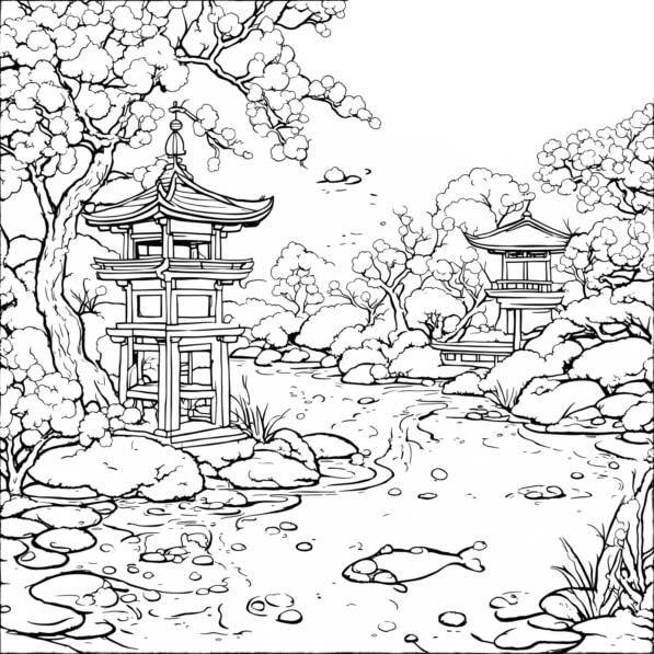 Download Japanese Garden with Pagodas and Fish Coloring pages Online ...