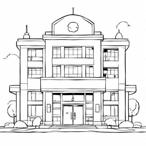 Download Black and White Office Building Drawing with Tree Coloring ...