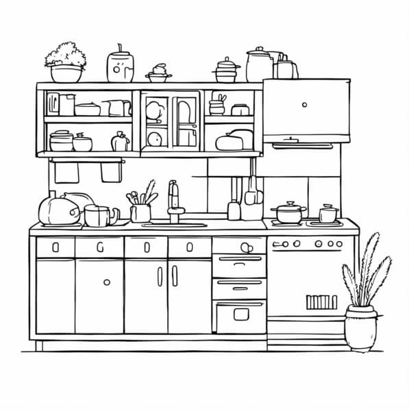 Download Outline Drawing of a Kitchen with Pots and Pans Coloring pages ...