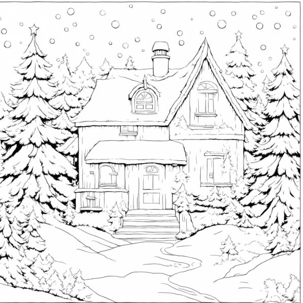 Download Winter Coloring Page: House in Snow with Trees Coloring pages ...
