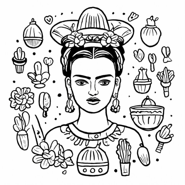 Download Frida Kahlo Coloring Page with Mexican Woman and Cactus ...