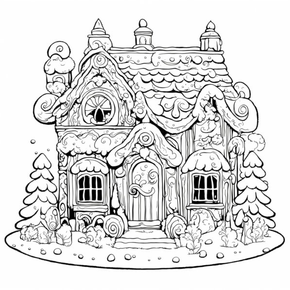 Download Gingerbread House Coloring Page with Snow and Trees Coloring ...