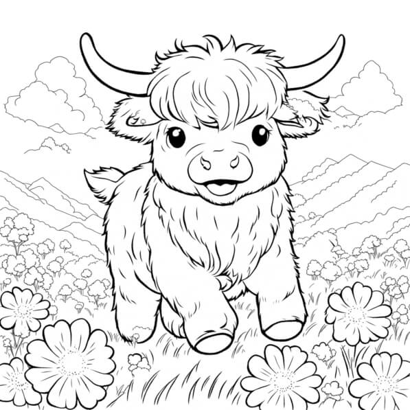 Download Baby Highland Cow in Field with Flowers Coloring pages Online ...