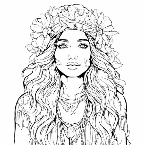Download Woman with Flower Crown Coloring pages Online - Creative Fabrica