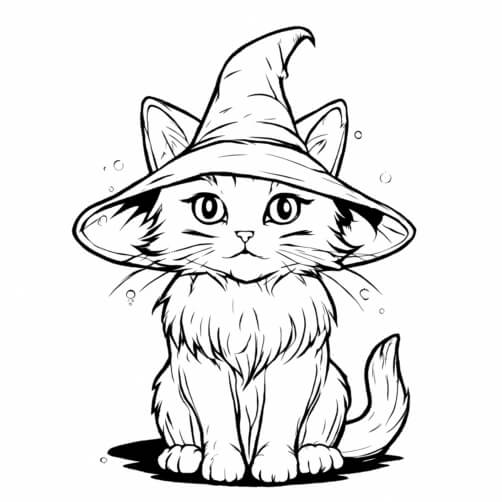 Download Black and White Cat in Witch Hat with Halloween Coloring Pages ...
