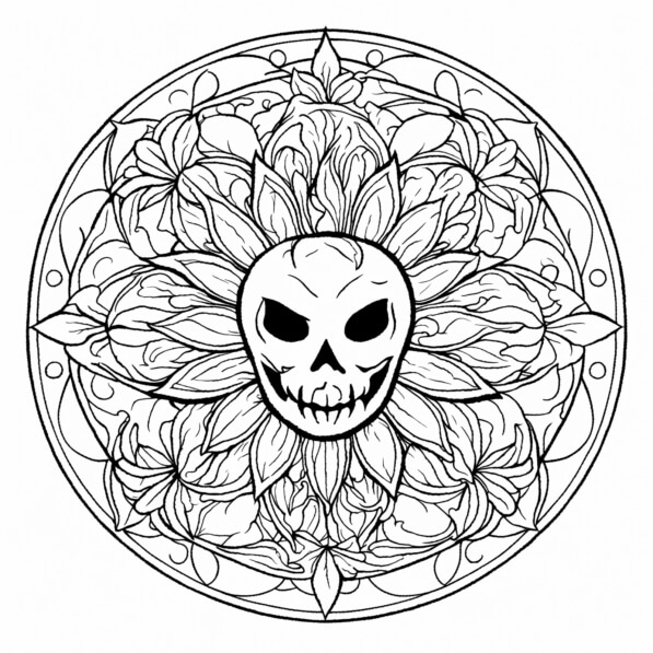 Download Spooky Mandala Coloring Page with Skulls and Flowers Coloring ...