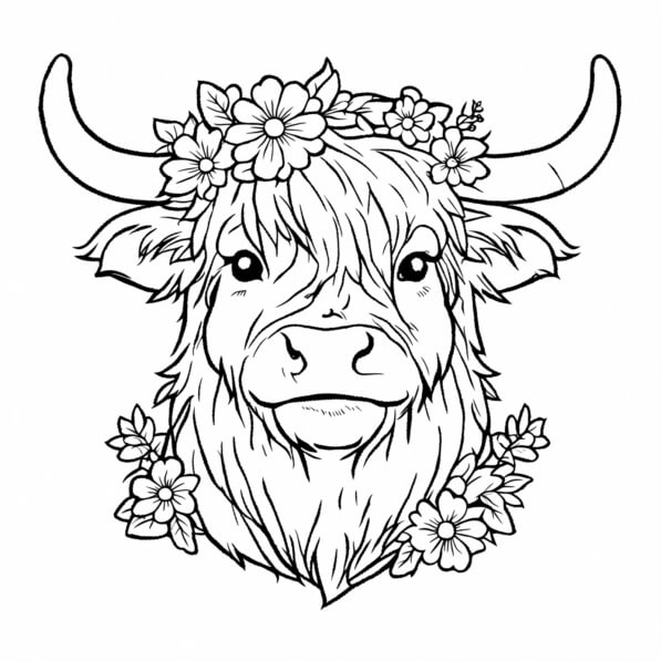 Download Highland Cow Head with Flowers Coloring pages Online ...
