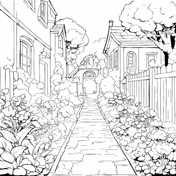 Download Idyllic Pathway with Houses and Gardens Coloring pages Online ...