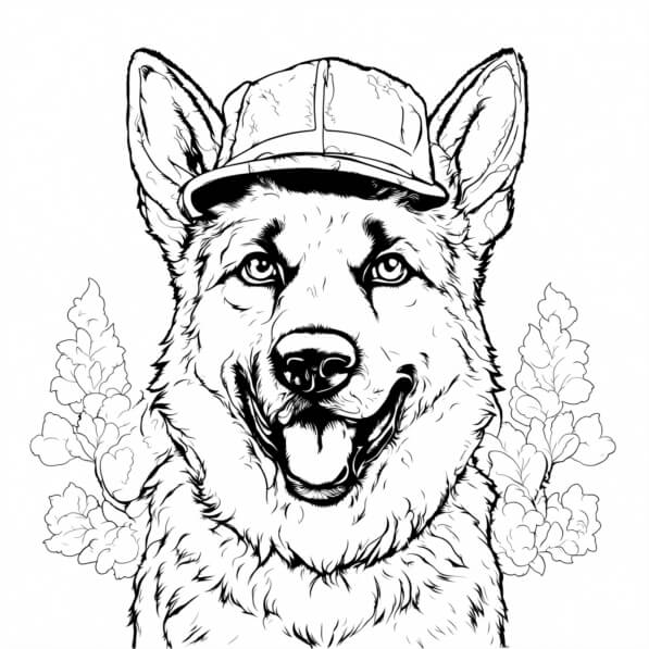 Download Black and White Drawing of a German Shepherd Dog with Floral ...