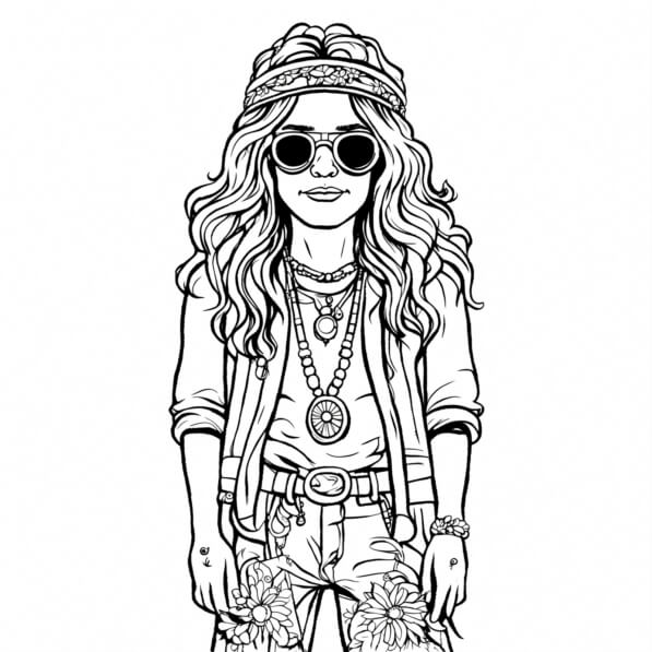 Download Hippie Girl in Retro Clothing Coloring pages Online - Creative ...