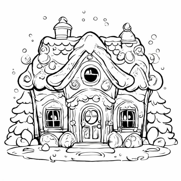Download Gingerbread House Coloring Page with Snow and Trees Coloring ...